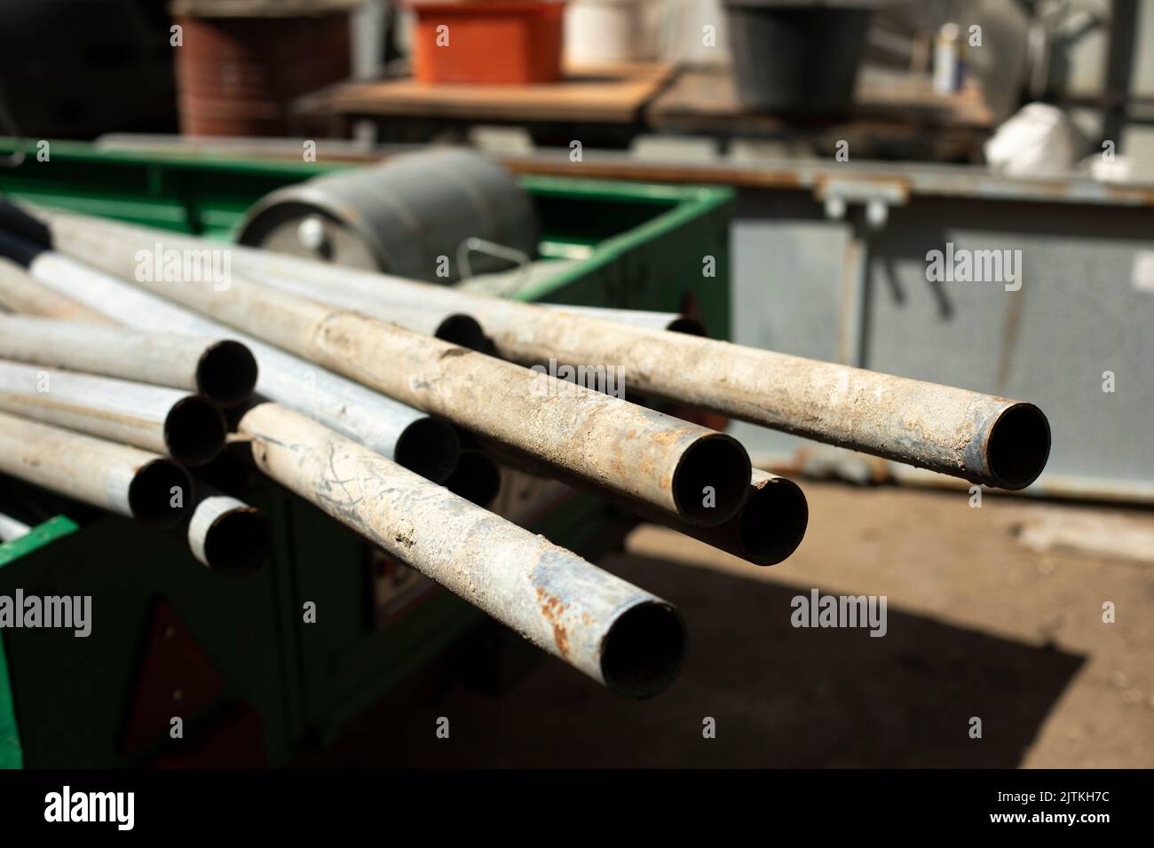 Steel pipes made of steel. Building material in trailer. Transportation ...