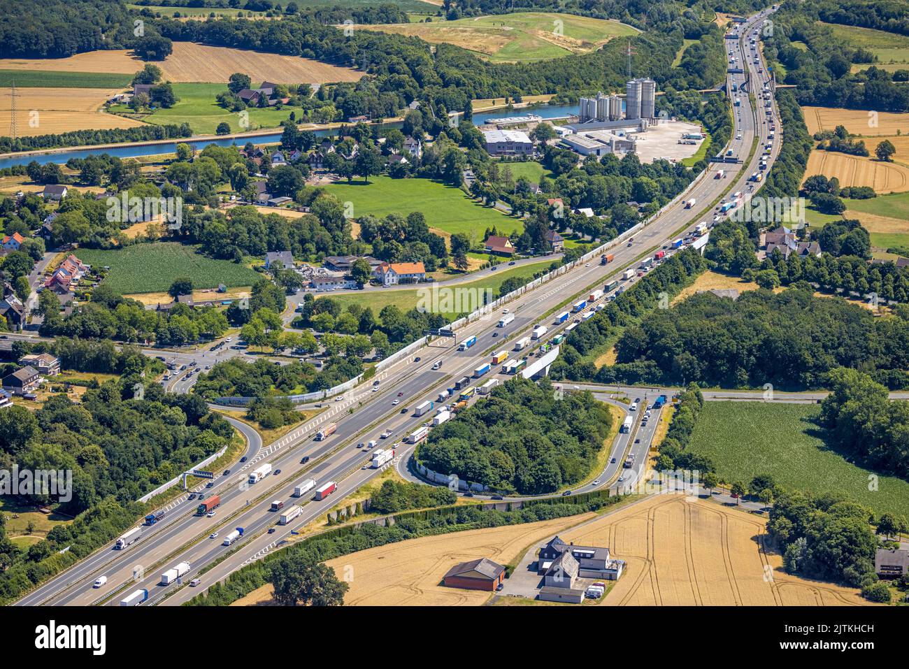 Aerial view, traffic jam on A2 freeway, Mengede, Dortmund, Ruhr area ...