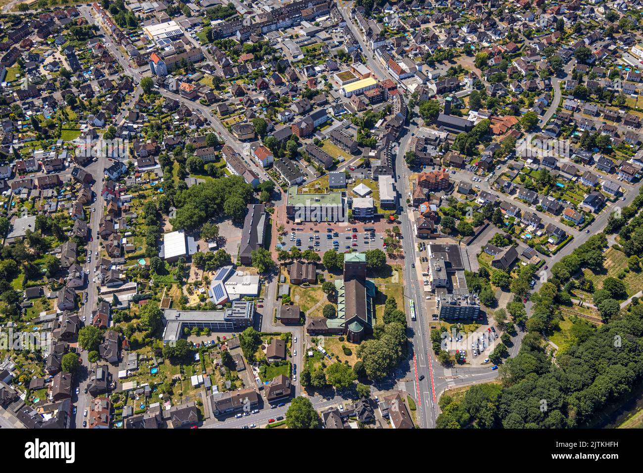 Aerial view, city center with catholic church St. Antonius, market ...