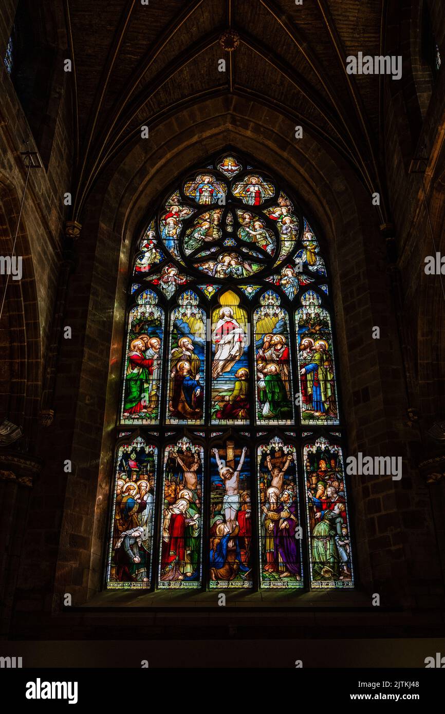Amazing stained glass window in Saint Giles Cathedral , low angle shot ...