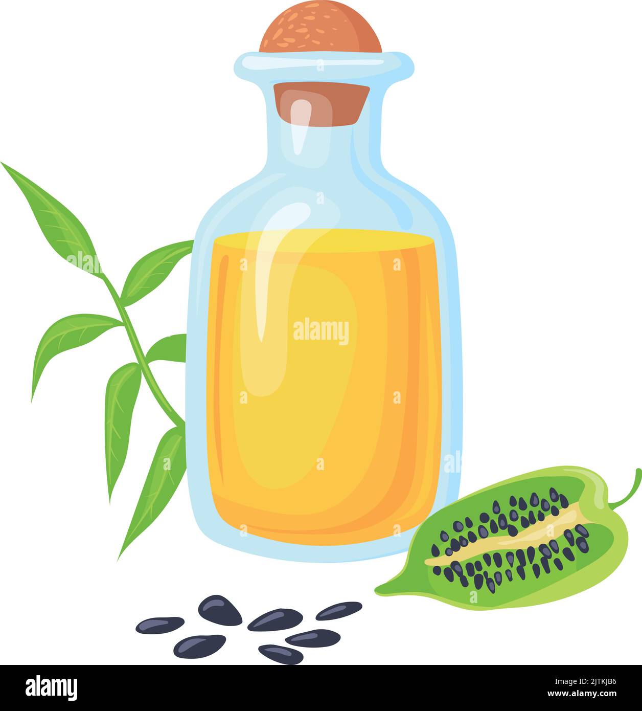 Sesame oil icon. Glass bottle with seeds. Cartoon food isolated on ...