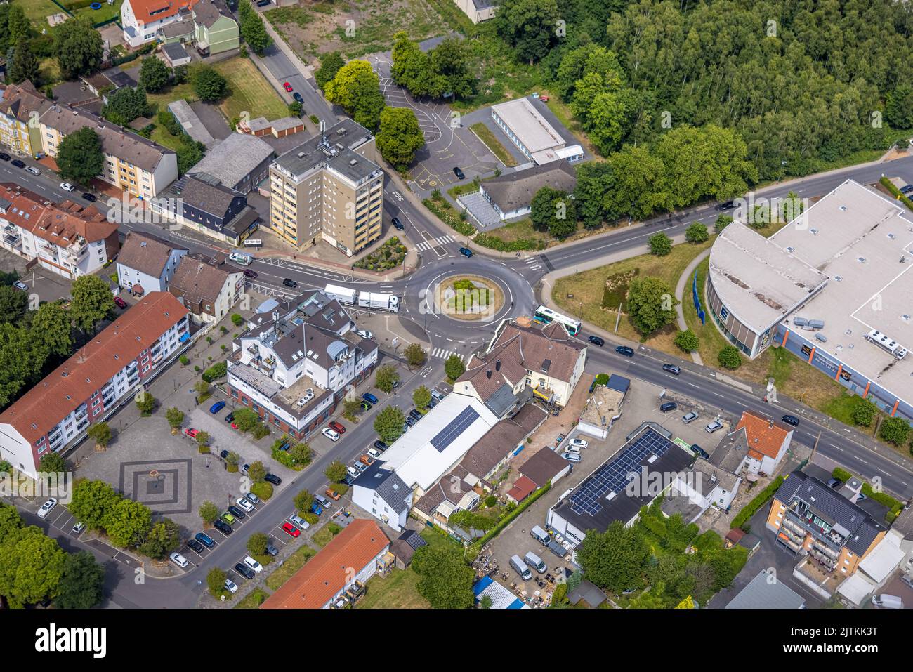 Aerial view, Schwerin city center with traffic circle, Edeka ...