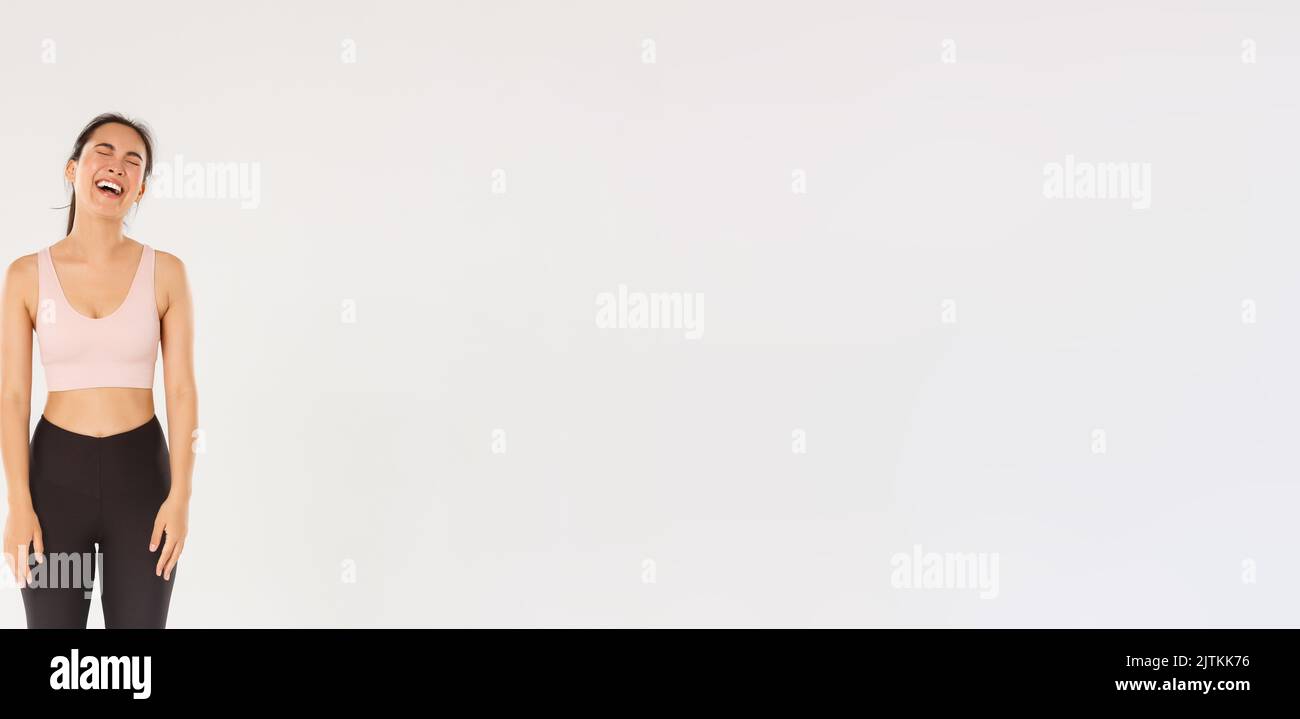 Sport, gym and healthy body concept. Full length of reluctant and ...