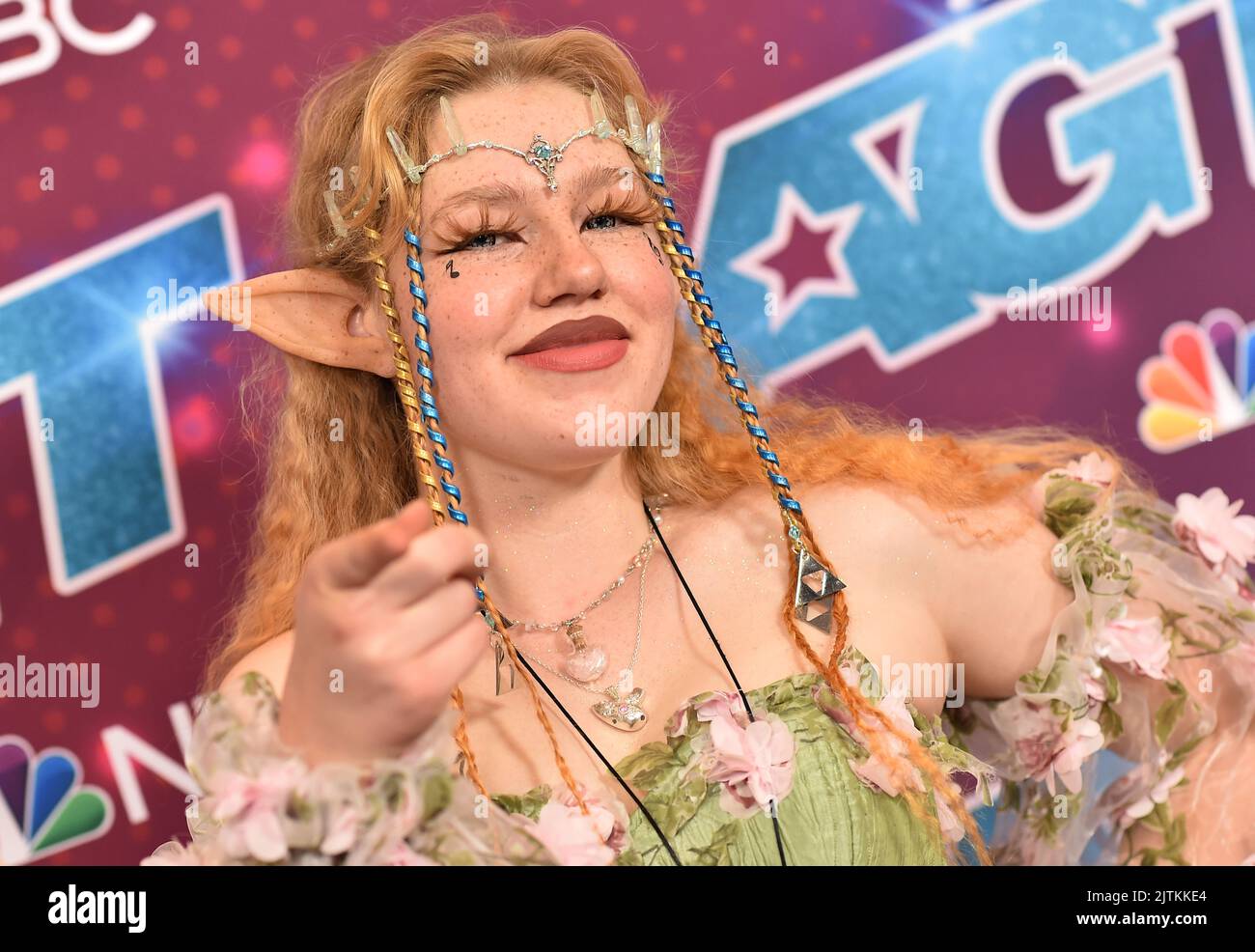 Freckled Zelda arriving to "America's Got Talent" season 17, Aug. 9 live show red carpet held at ...