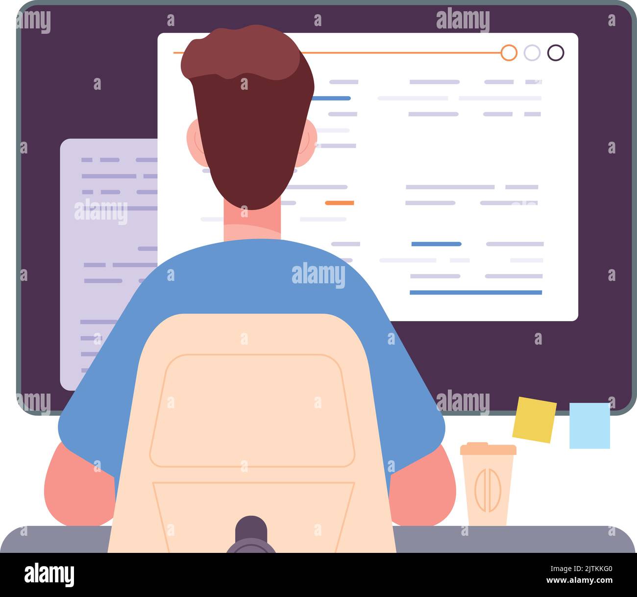 Programmer Work Back View Code Engineering Screen Isolated On White Background Stock Vector