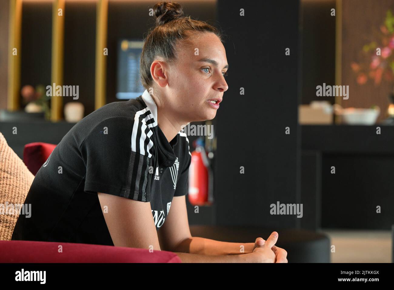 Belgium's goalkeeper Nicky Evrard pictured being interviewed during a ...