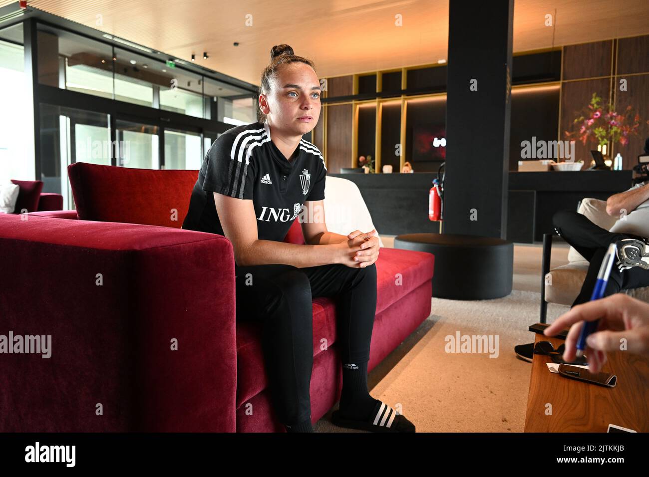 Belgium's goalkeeper Nicky Evrard pictured being interviewed during a ...