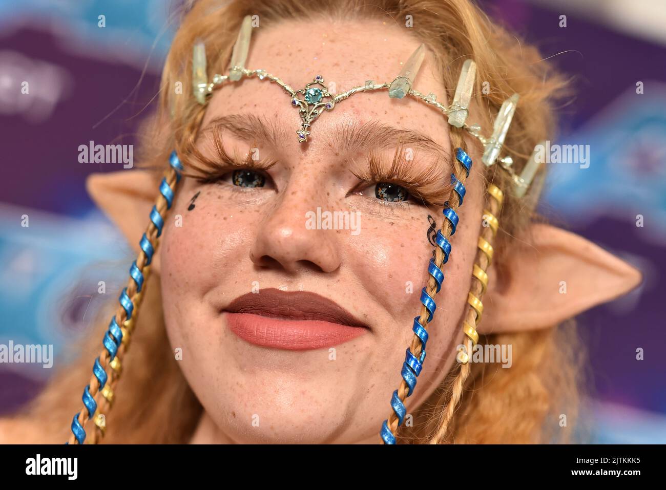 Freckled Zelda arriving to "America's Got Talent" season 17, Aug. 9 live show red carpet held at ...