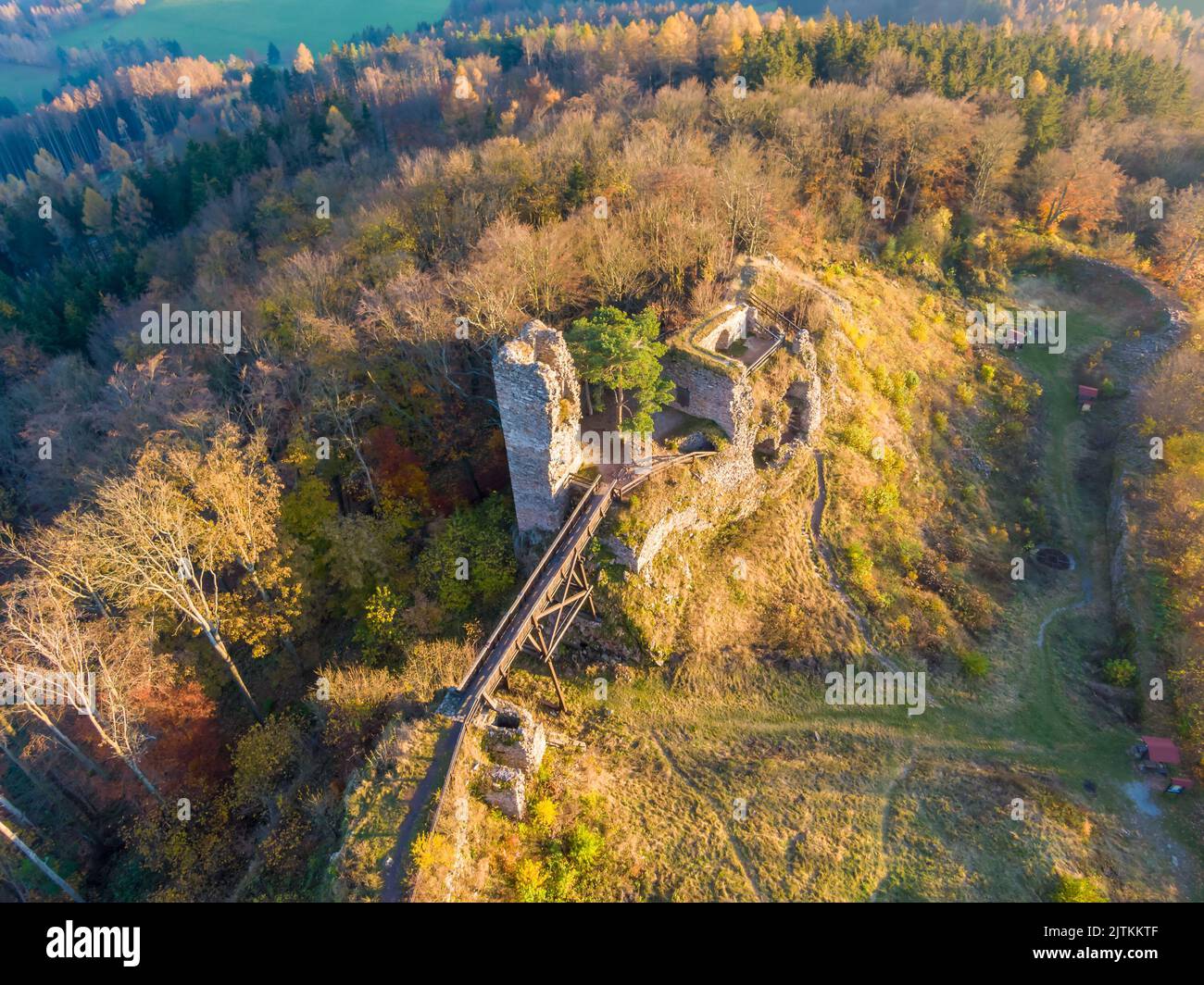 Aerial drone view of ruined castle Zubstejn standing on hill, Czech ...