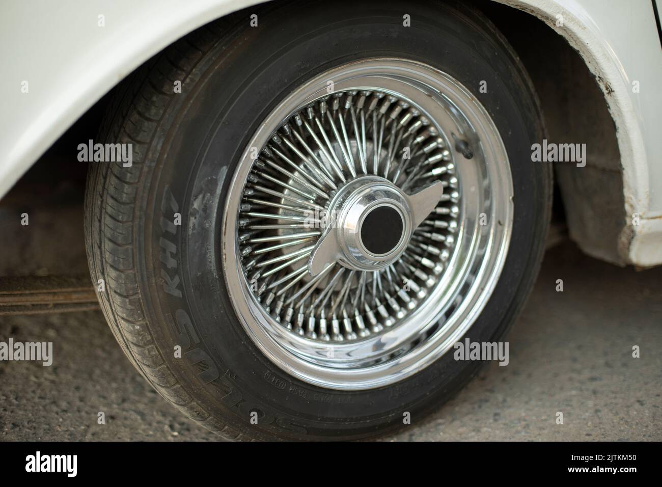 Old disc of car. Wheel is retro car. Details of rare transport. Steel ...