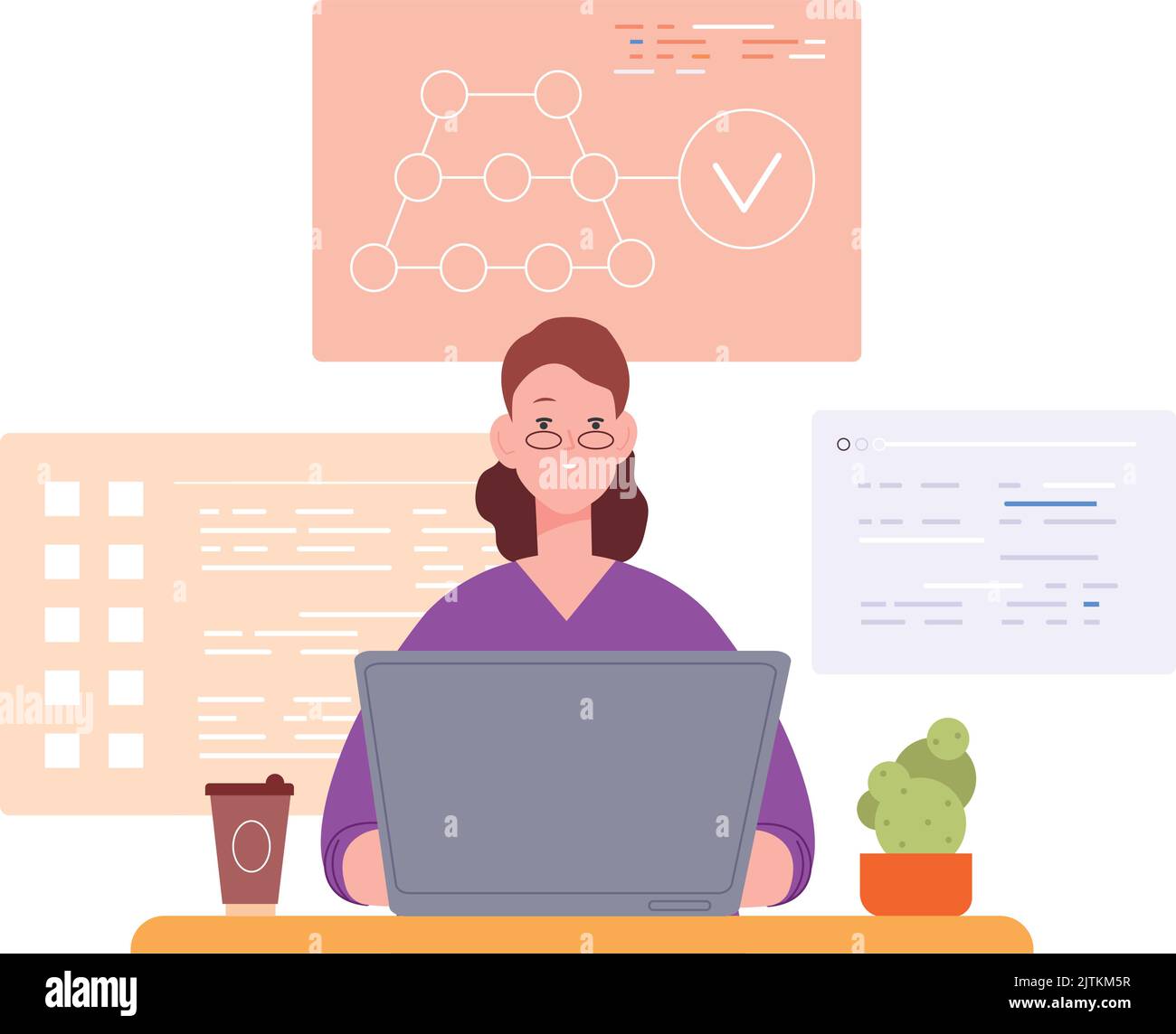 Engineer workplace. Code developer woman with laptop isolated on white ...