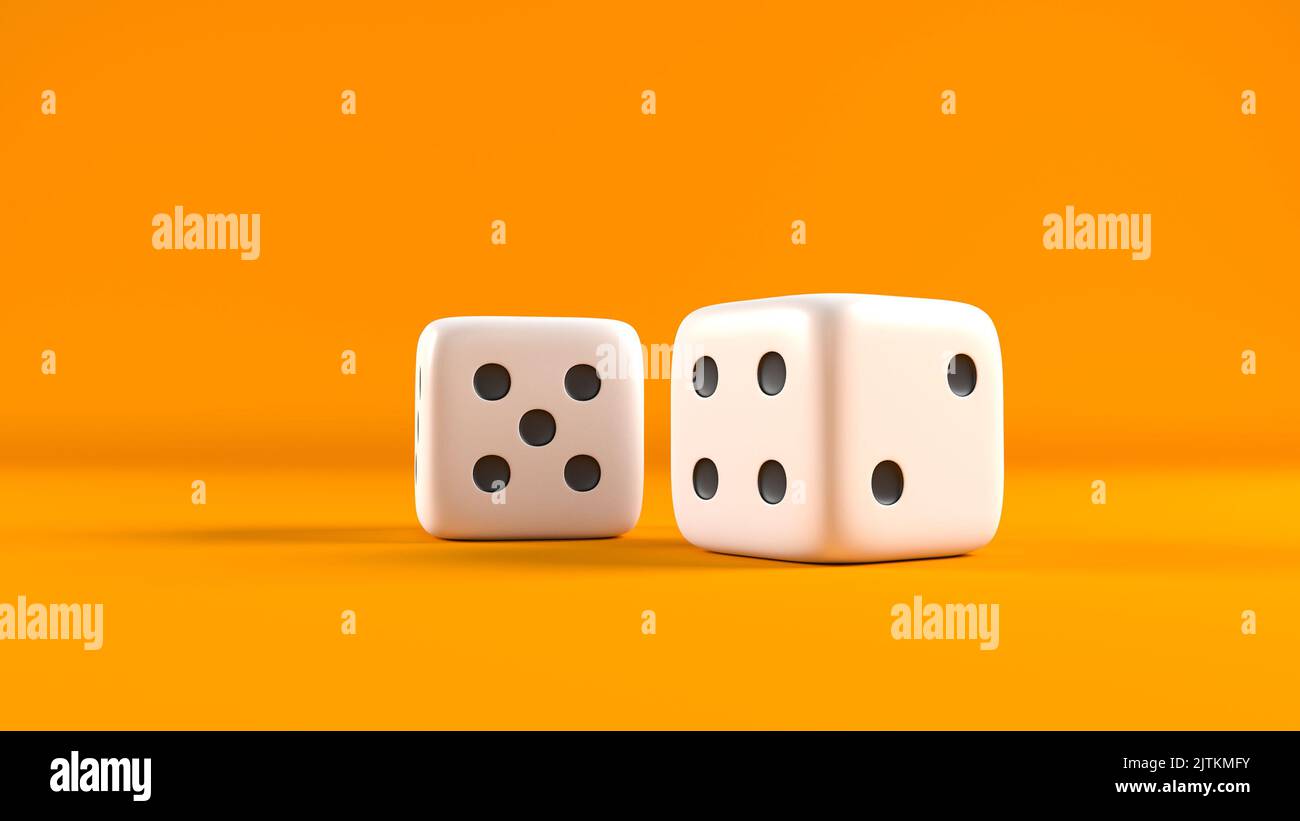 Two white game dice placed on orange background. Casino cube with black ...