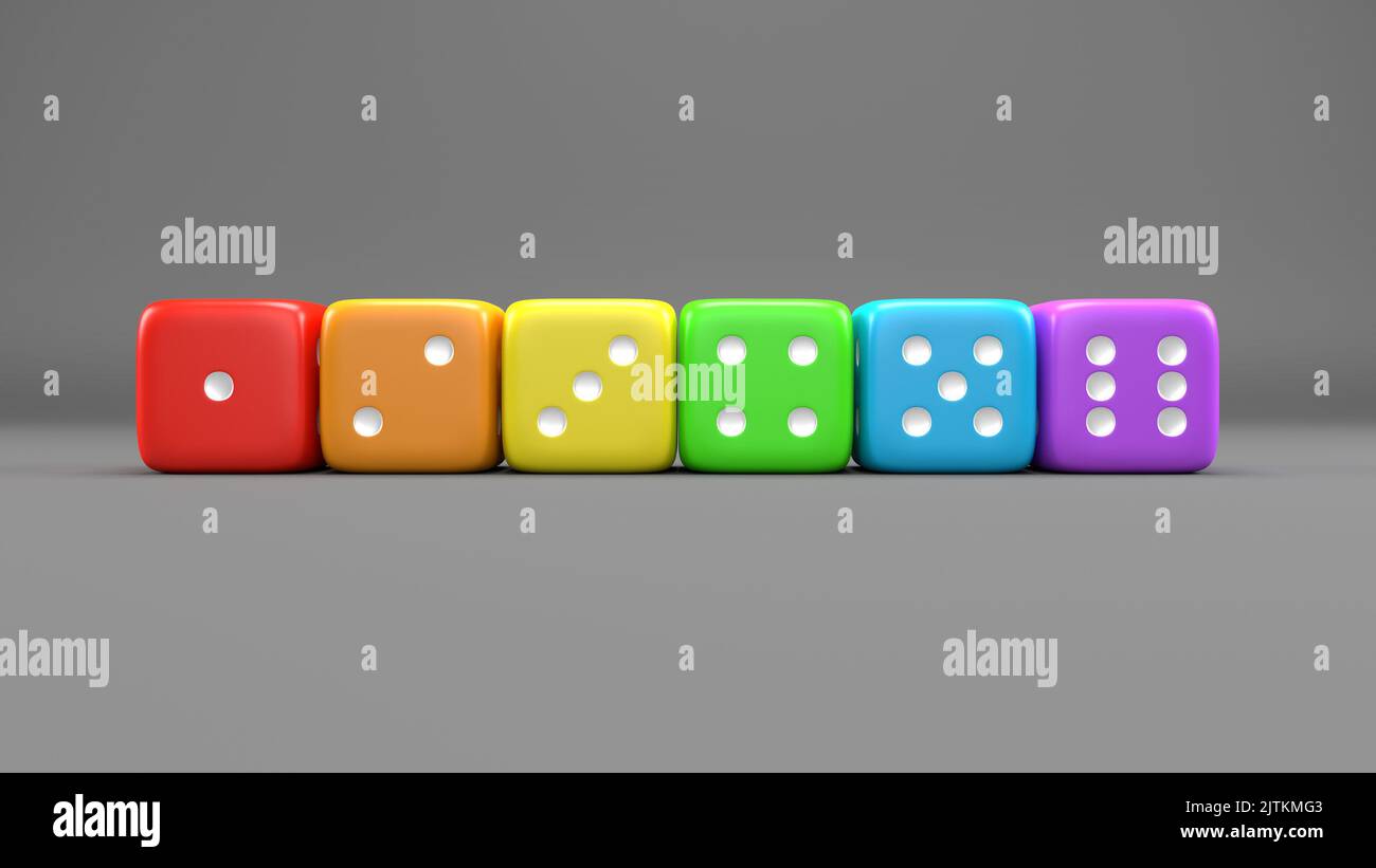 Set of rainbow colored dices on the gray background. Colorful play dice ...