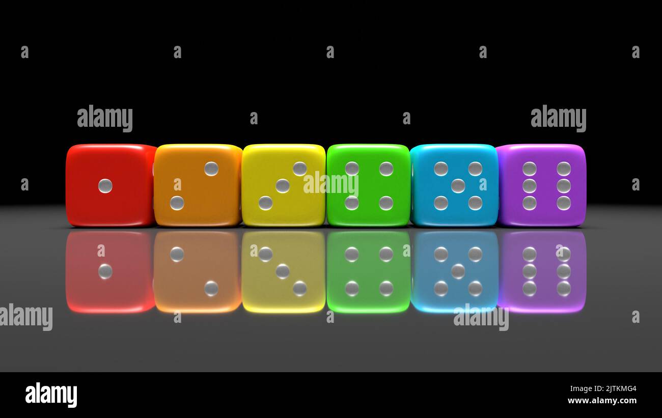Set of rainbow colored dices on the gray background. Colorful play dice ...