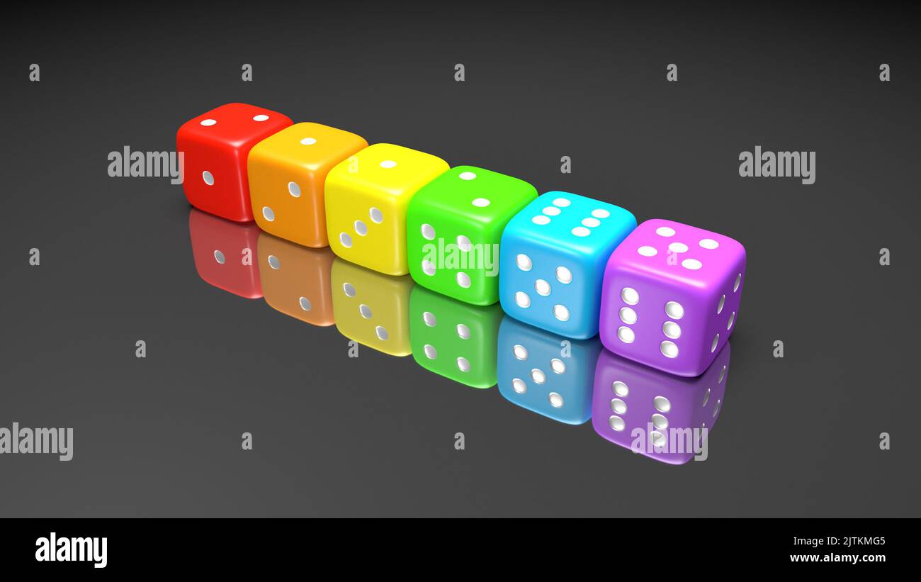 Set of rainbow colored dices on the gray background. Colorful play dice ...