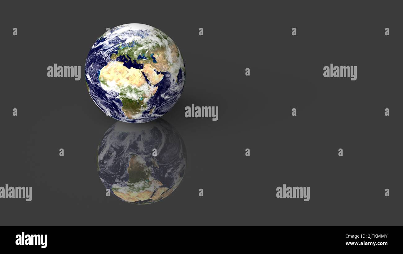Planet Earth placed on grey glossy desk with reflection. 3D render ...