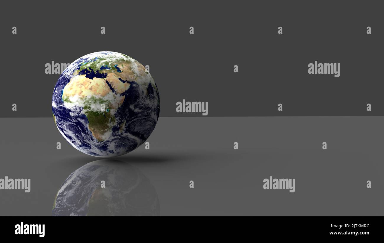 Planet Earth placed on grey glossy desk with reflection. 3D render ...