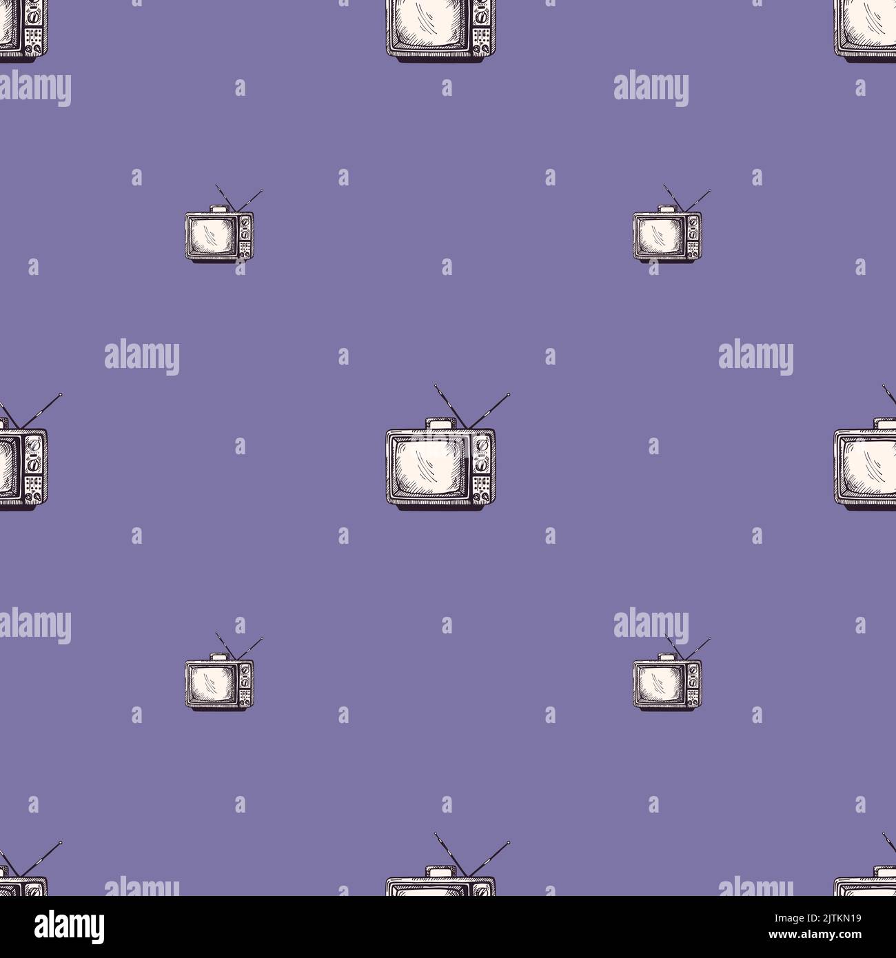 Retro TV with antenna engraved seamless pattern. Vintage television in ...