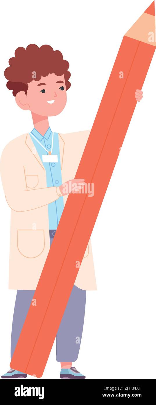 Boy with red pencil. Kid in lab coat. Child scientist isolated on white ...