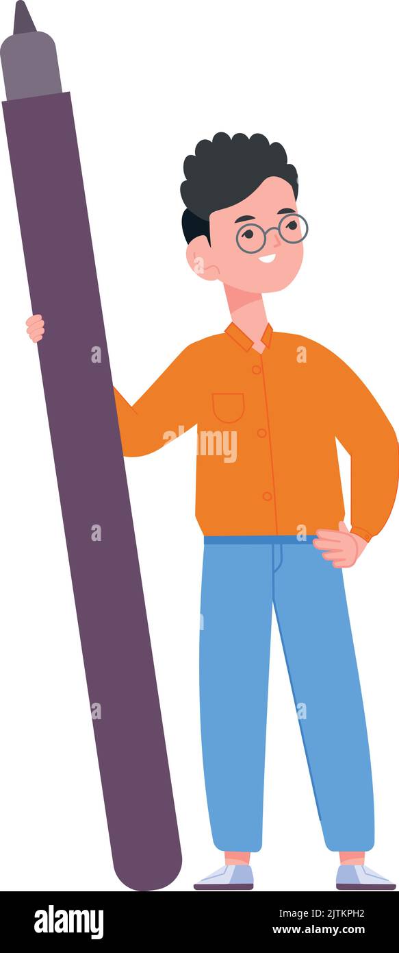 Young boy with pen. School student. Child education isolated on white ...