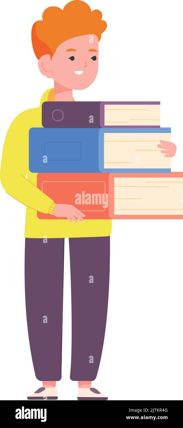 Boy hold book stack. Studying kid character isolated on white ...