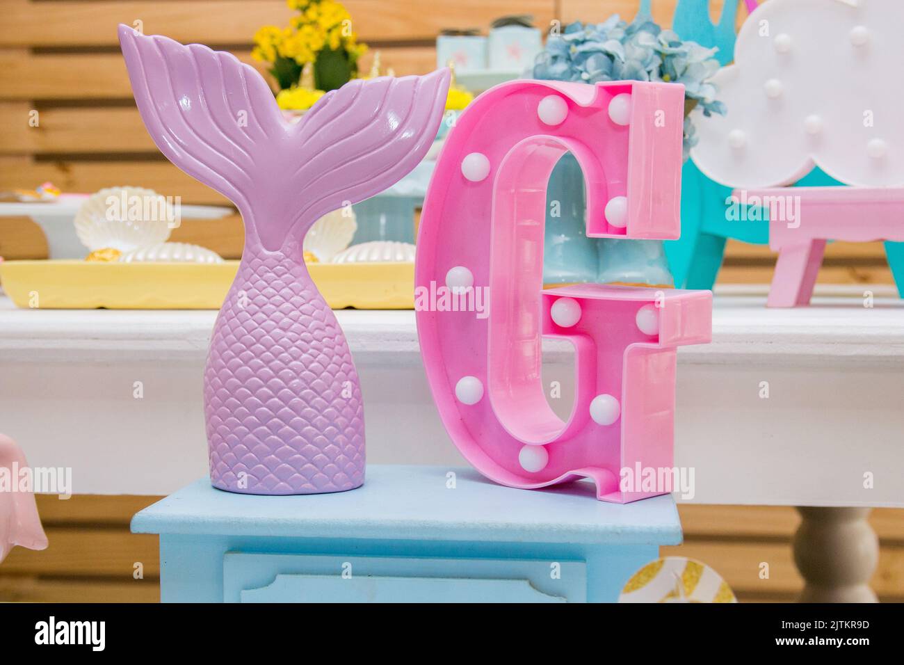 Mermaid tail party decoration with a letter G on the side in rio de ...