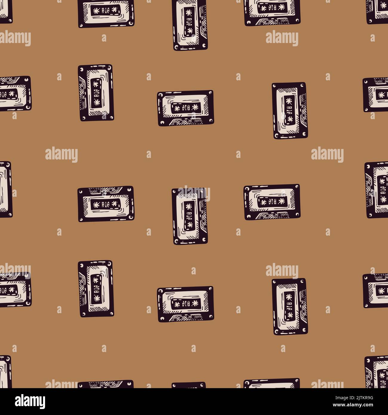 Audio cassette tape engraved seamless pattern. Vintage music cassette ...