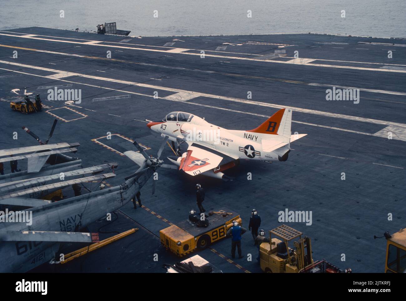 Douglas A-4 Skyhawk trainer aircraft on the deck during carrier quals ...