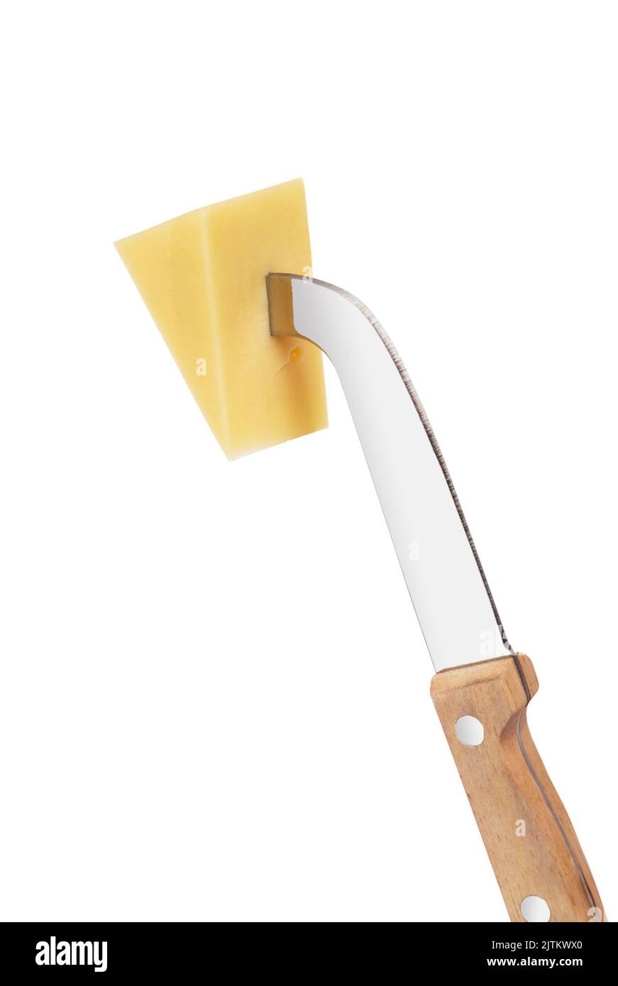 A piece of Gouda cheese on the end of a cheese knife. Isolated on white ...