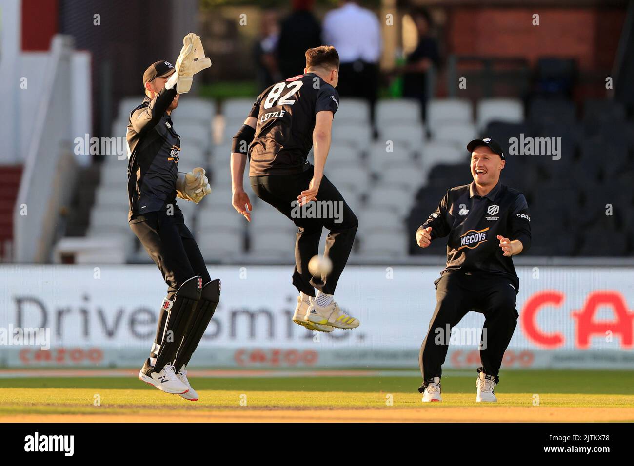 Josh Little of Manchester Originals celebrates taking the wicket of ...