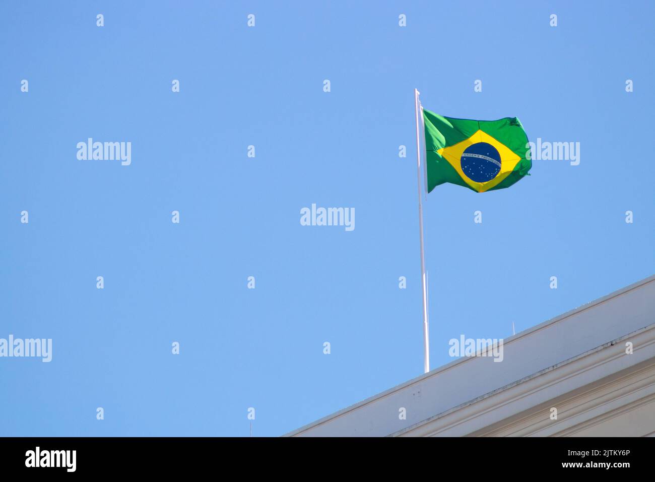 Brazilian flag outdoors on top of a building on Copacabana beach In Rio ...