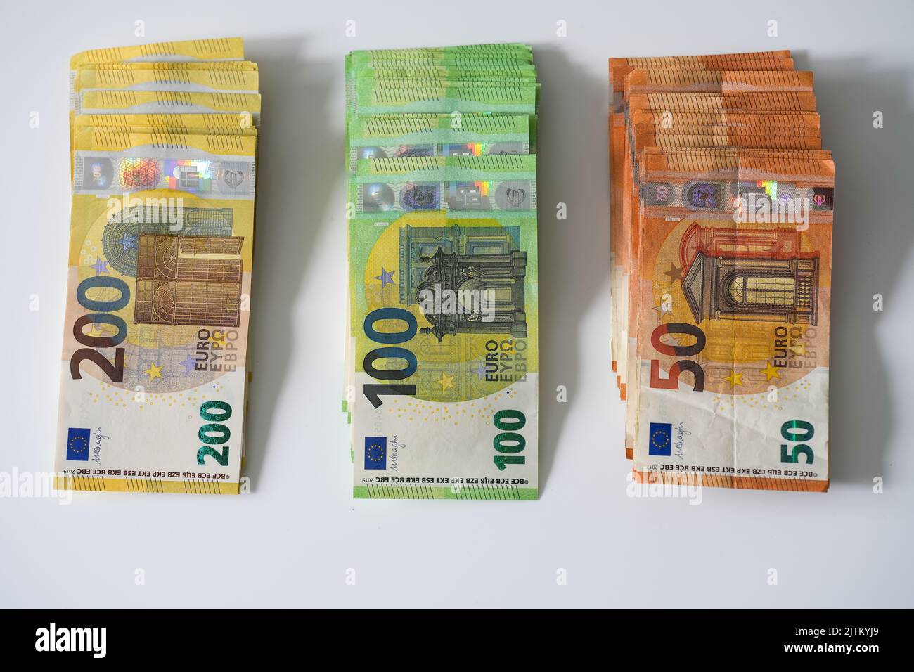 The Different Euro banknote stackes on the white background, close-up ...