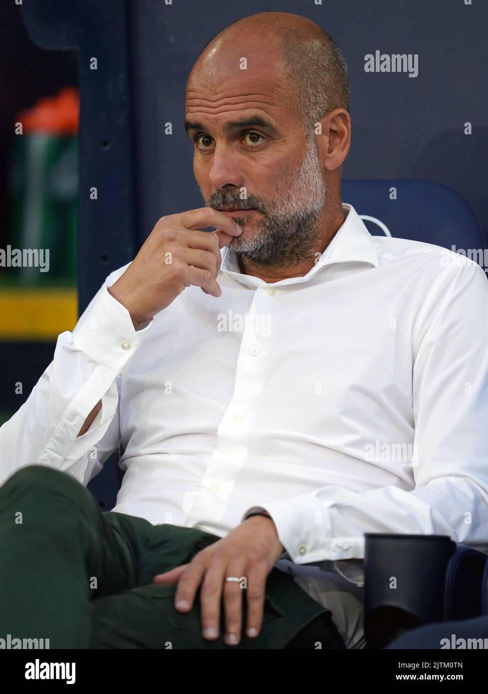 Manchester City manager Pep Guardiola on the bench during the Premier ...