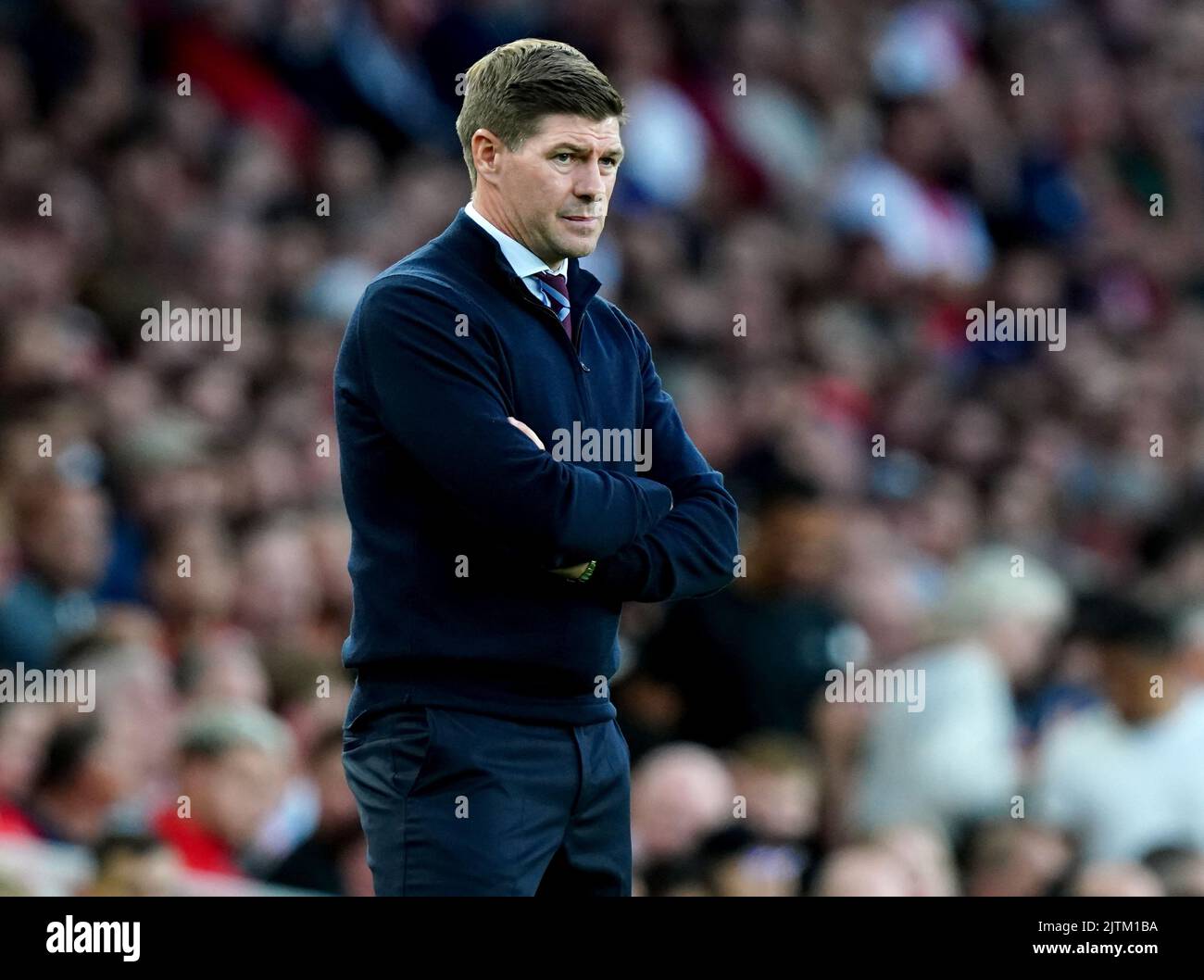Aston Villa manager Steven Gerrard watches play during the Premier ...