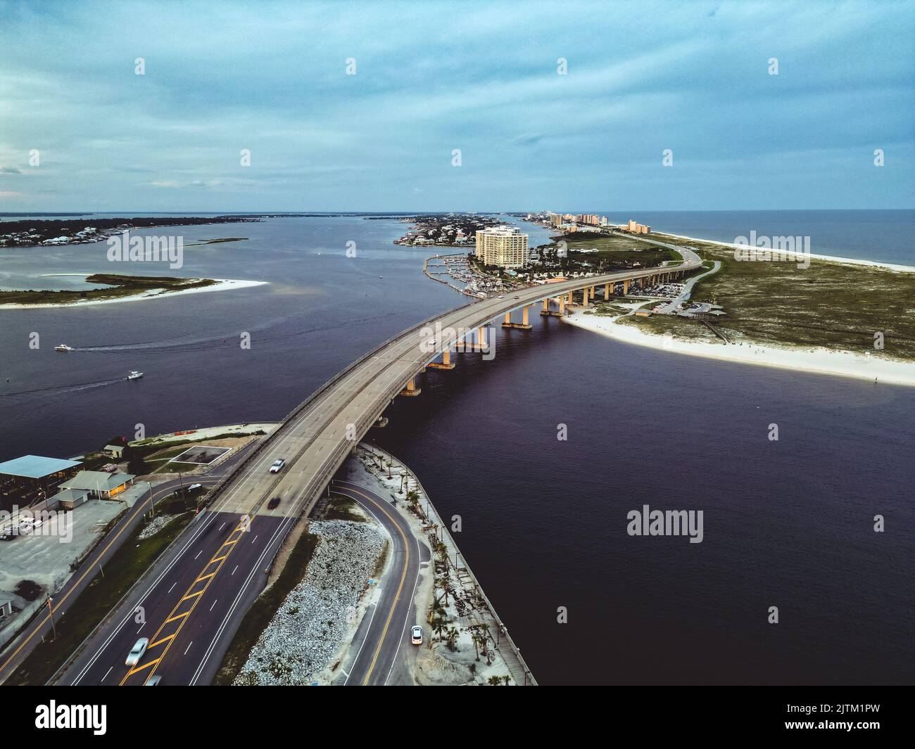 An aerial view of a modern bridge on Orange beach in Alabama isolated ...