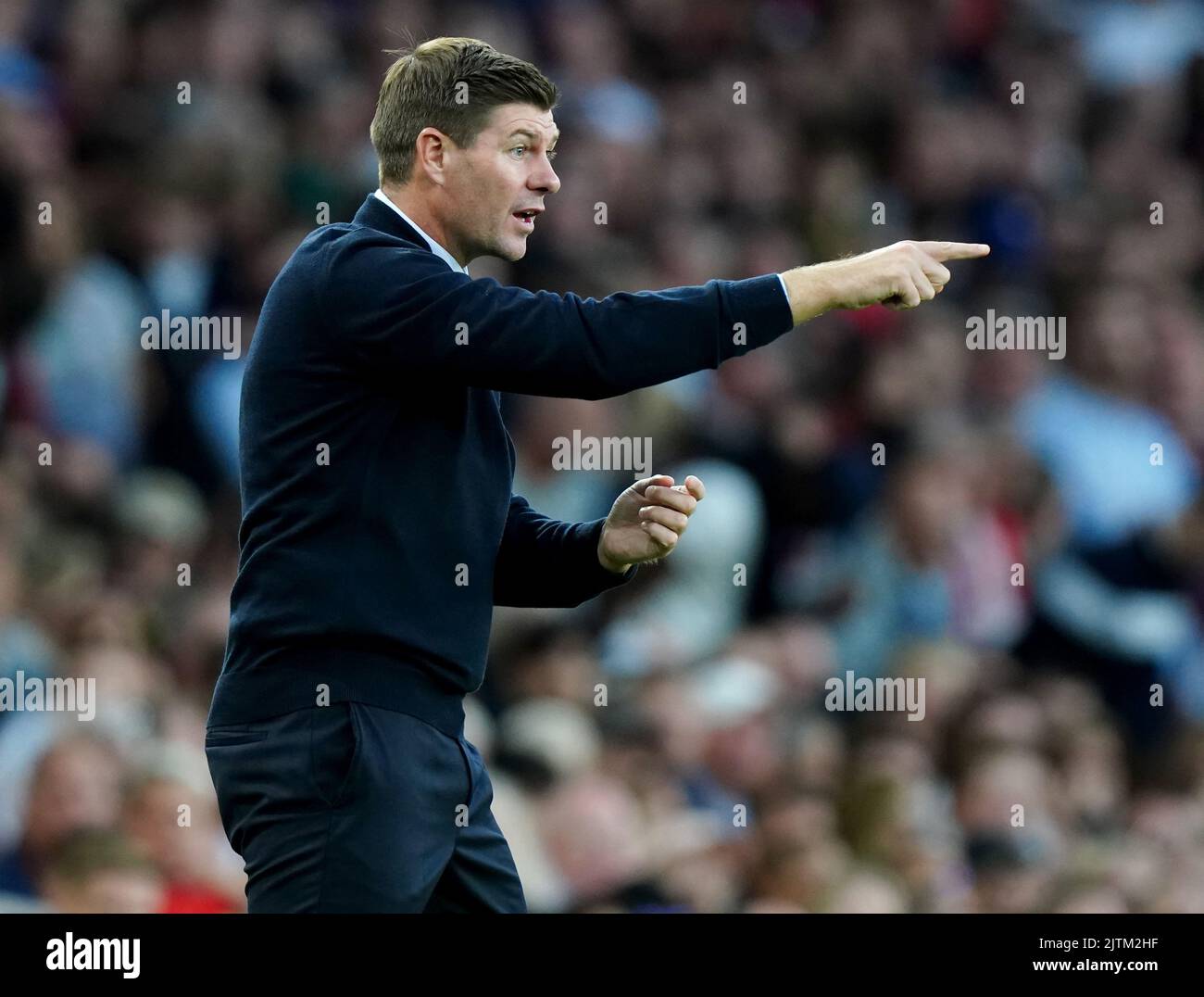 Aston Villa manager Steven Gerrard gestures during the Premier League ...