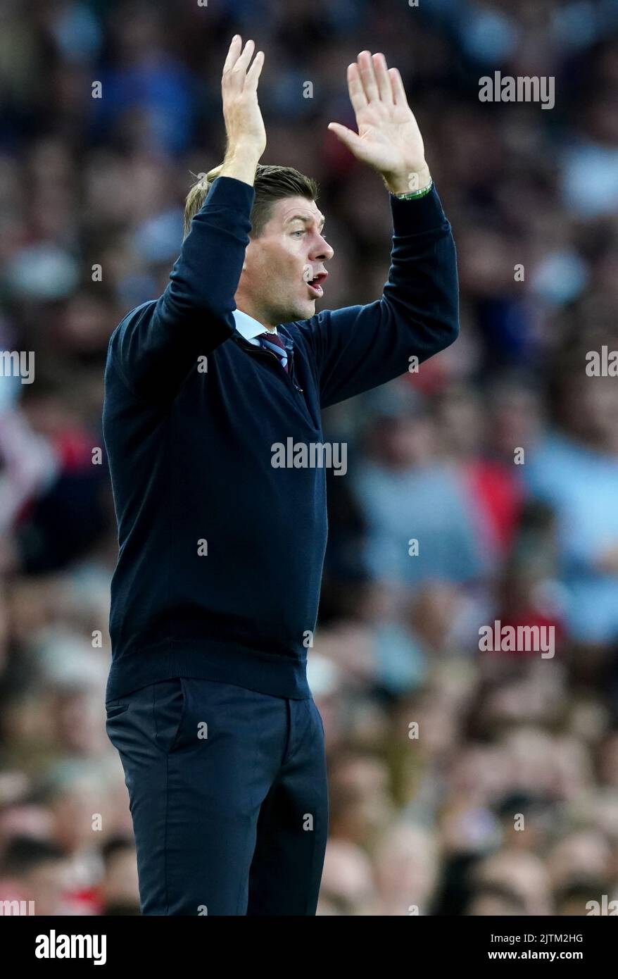 Aston Villa manager Steven Gerrard gestures during the Premier League ...