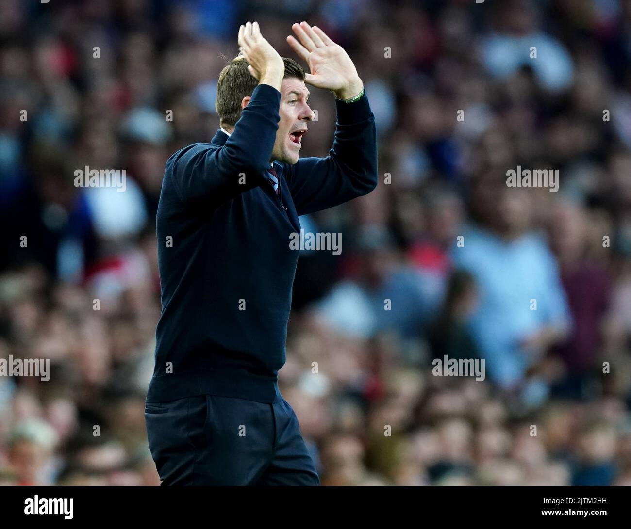 Aston Villa manager Steven Gerrard gestures during the Premier League ...