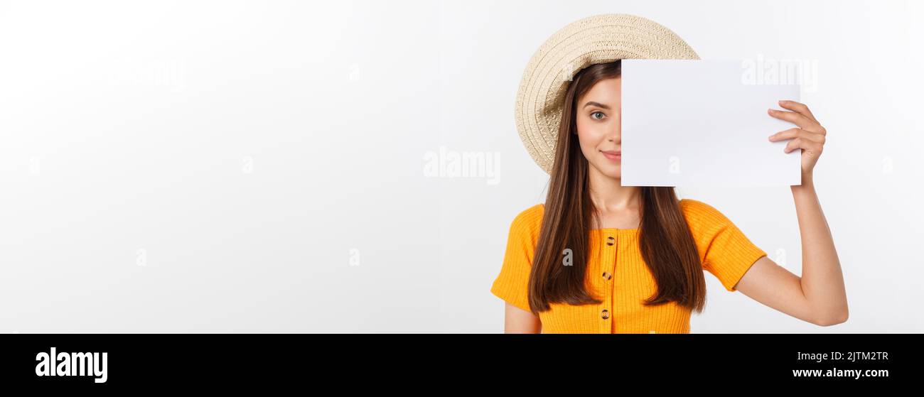 Happy business woman holding big white sign board. Gray wall back Stock ...