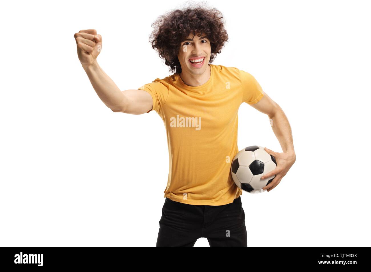 Football fan holding a ball and gesturing with hand isolated on white ...