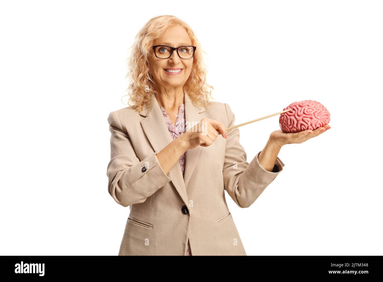 Professional woman holding a human brain and pointing with a stick ...