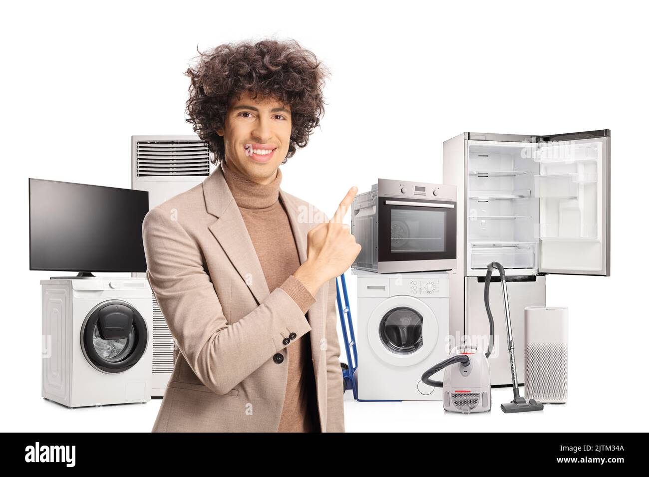 Young male customer pointing at home electrical appliances isolated on ...