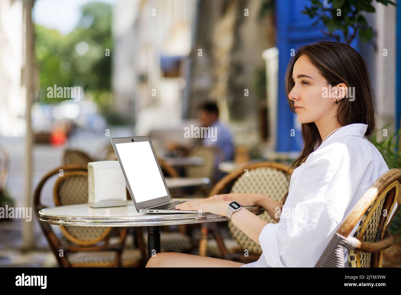 Online education concept mock up image of young attractive girl using ...