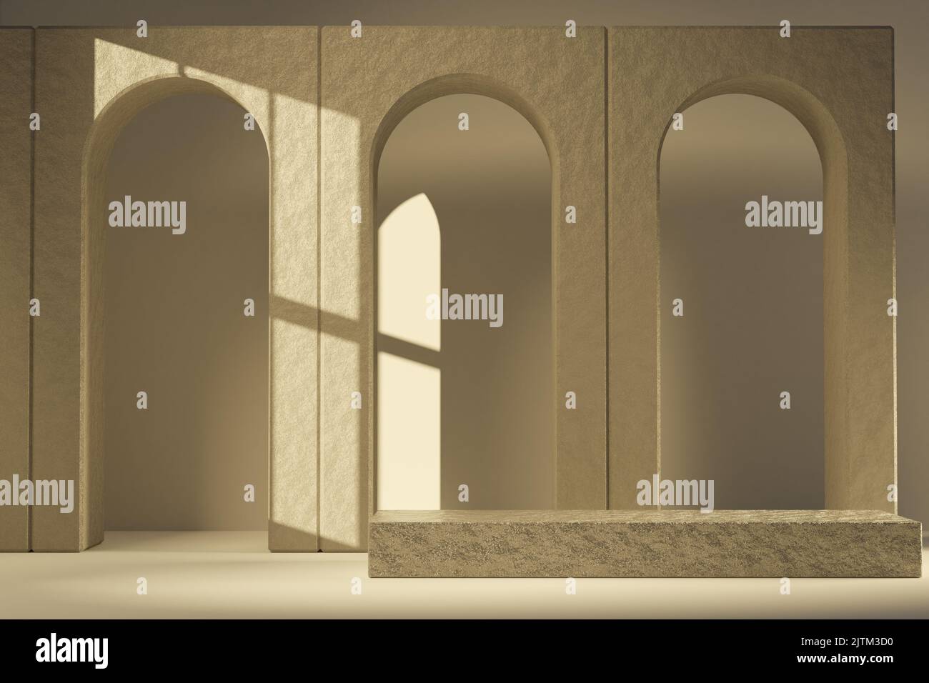 Abstract wall with archways and block podium sunlit through the window ...