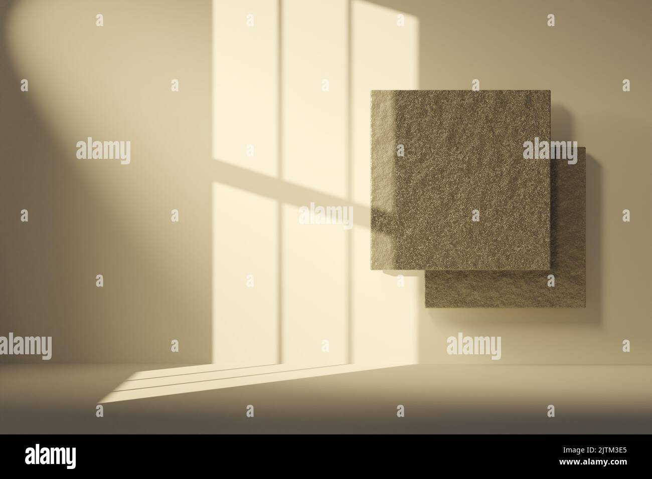 Golden textured panel hanging on the wall with sunlit window shadow. 3d ...