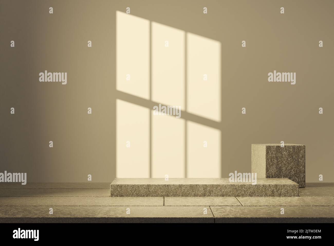 Abstract golden textured blocks showcase scene 3d rendering with window ...