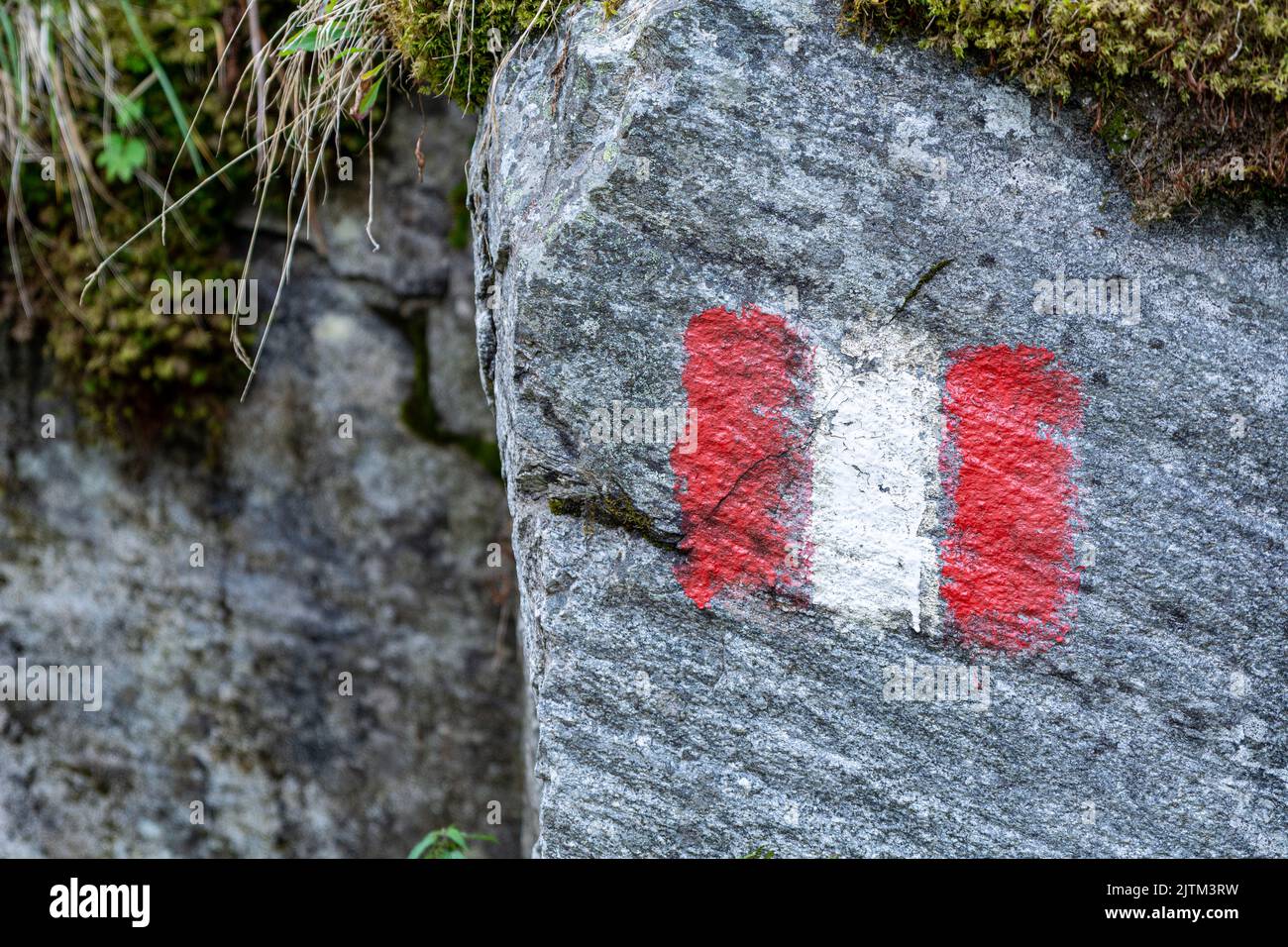 Alpine hiking trail in Austria, marked with painted Austrian flag on a ...