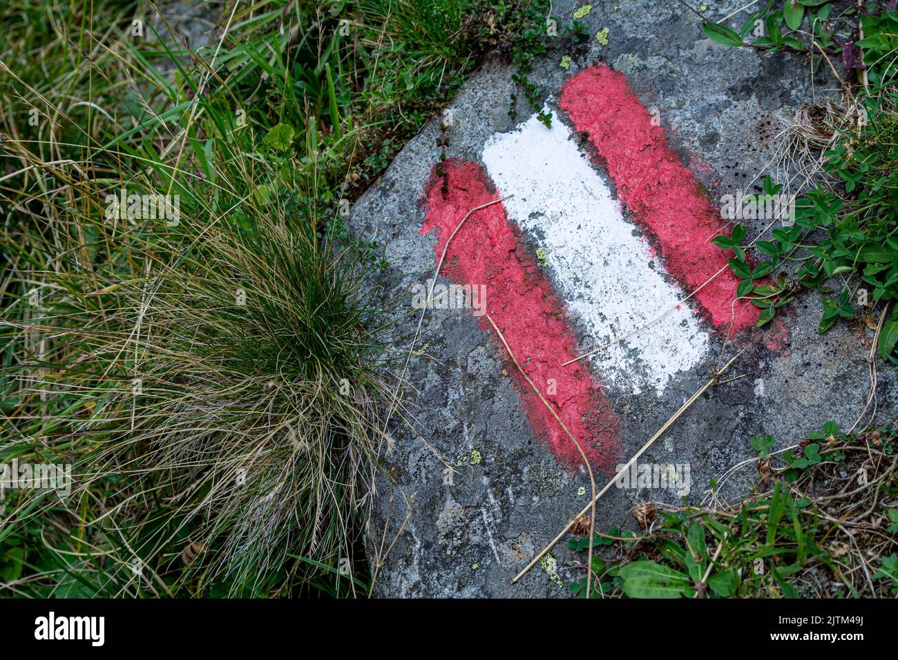 Alpine hiking trail in Austria, marked with painted Austrian flag on a ...
