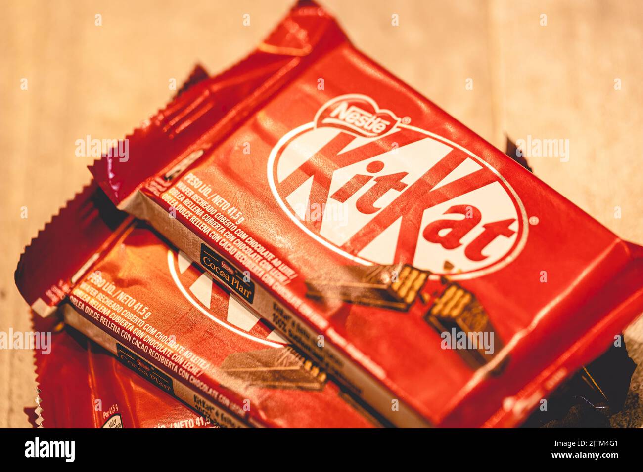 Kit Kat, Nestlé chocolate covered wafer. Closeup photography. Brasilia ...