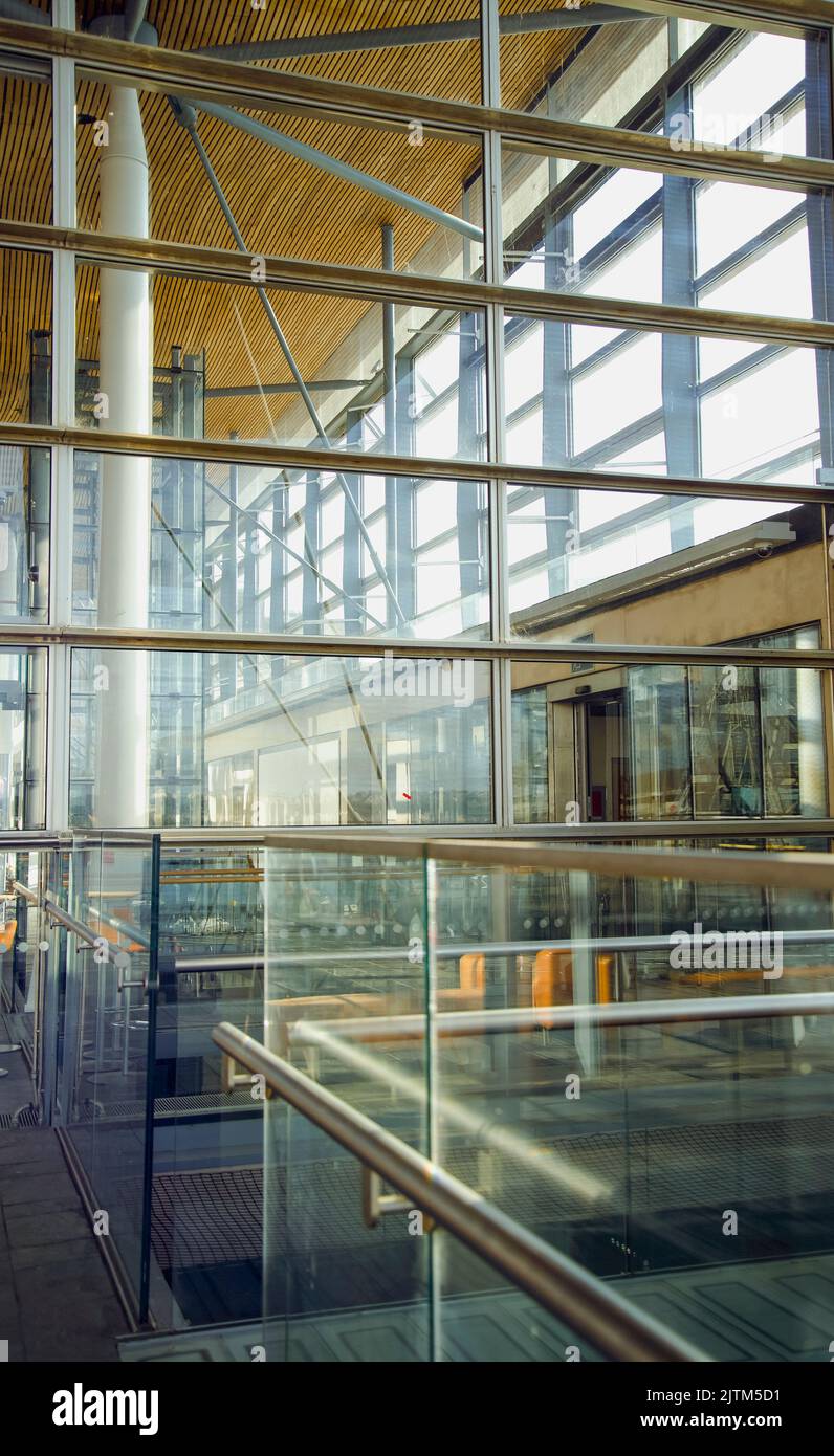 Glass wall at entrance into the Senedd in Cardiff Bay Wales, 14th ...